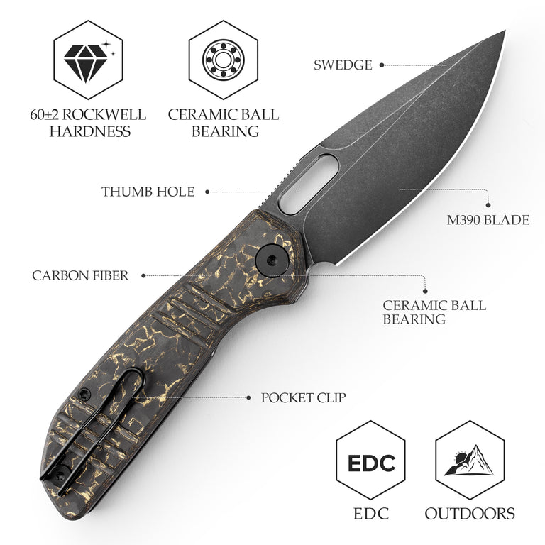 Gecko-YCB Liner Lock Folding Pocket Knife,3.4'' M390 Steel Blade,Ceram ...
